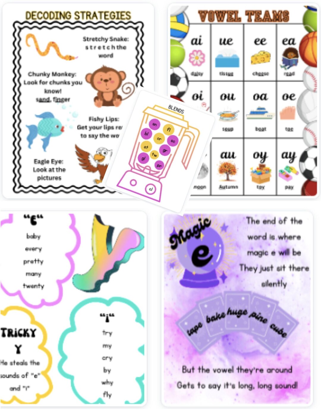 Phonics Charts Blends Magic E Decoding Strategies vowel Teams Tricky Y ...