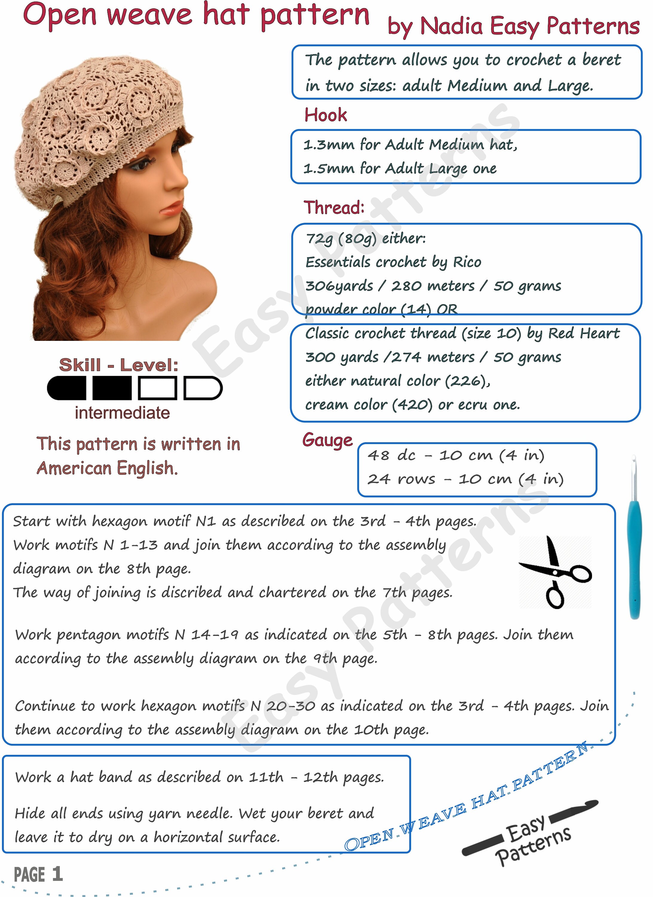 Crochet Hat Pattern Summer Slouchy Open Weave Beret With Chains Pattern ...