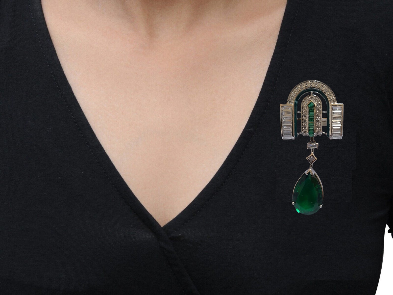 Vintage Green Emerald Brooch for Women/men 925 Sterling Silver CZ Pear ...