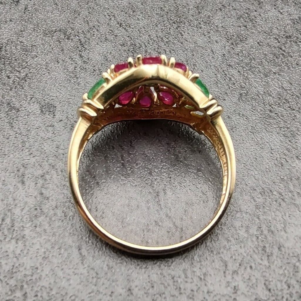 14K Yellow Gold Ruby, Onyx, Emerald, Flower Design Ring, Diamond ...