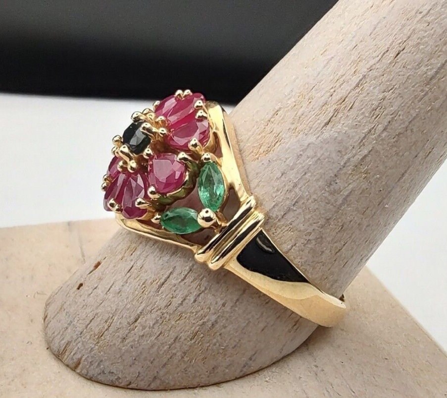 14K Yellow Gold Ruby, Onyx, Emerald, Flower Design Ring, Diamond ...