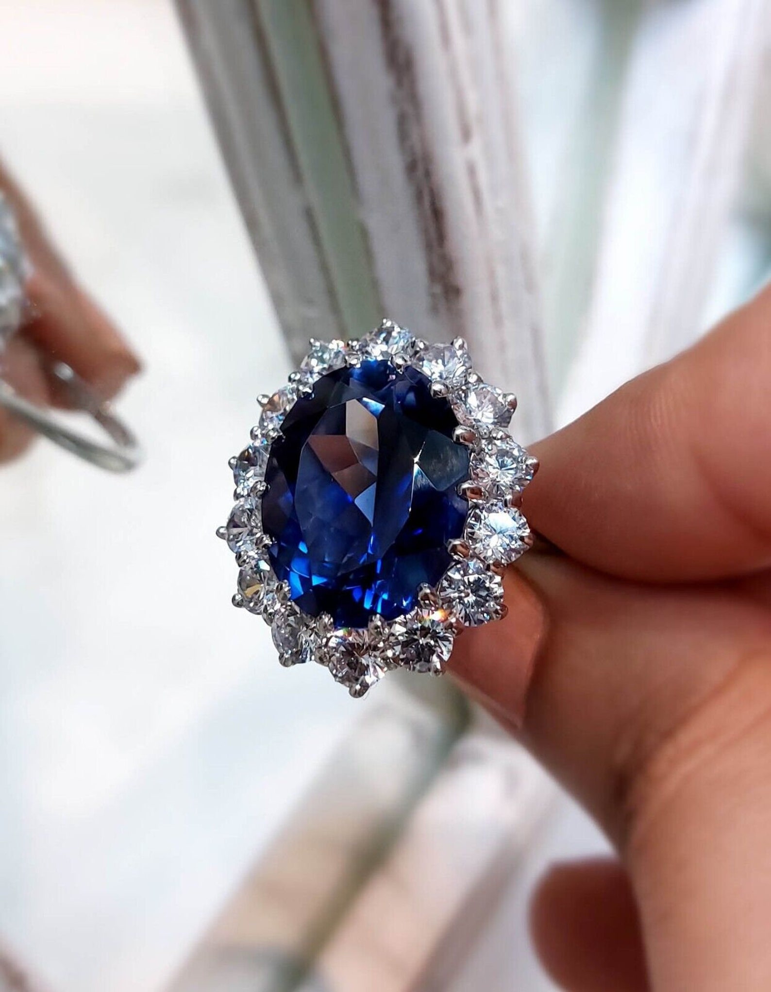 Princess Diana Inspired Engagement Ring Blue Oval 925 Sterling Silver ...