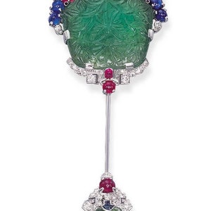 Art Deco Jabot Pin Carved Emerald and Diamond Brooch, 925 Sterling ...