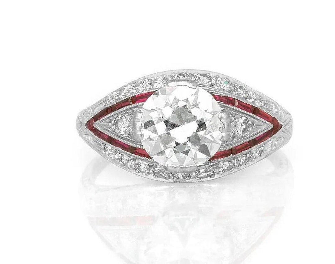 1.5CT Round & Ruby Baguette CZ Diamond Ring / 925 Sterling Silver Red ...