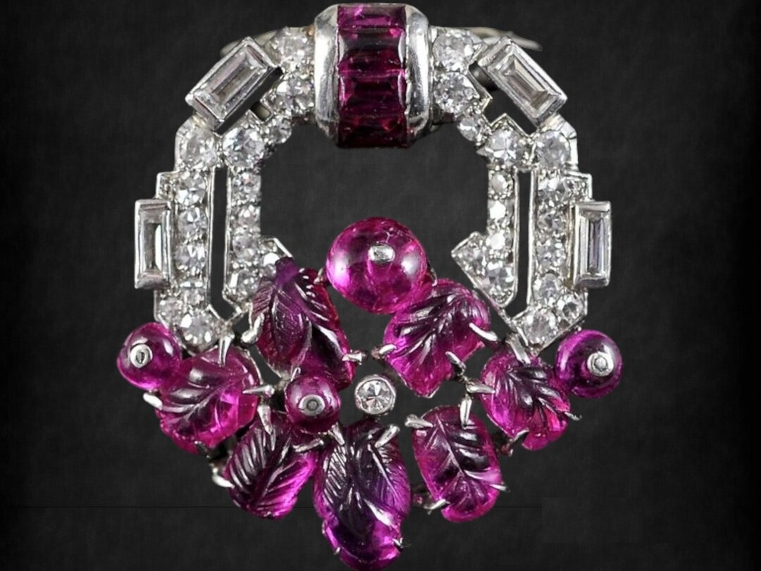 Art Deco Carved Ruby Brooch for Men/women Flower Style White Studded CZ ...