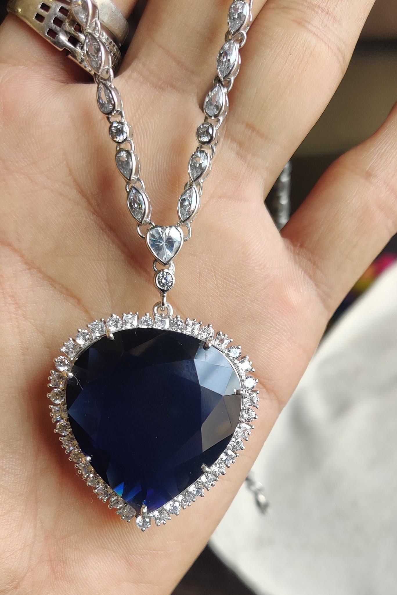 Titanic Necklace, Heart of the Ocean Necklace, Blue Sapphire Heart Cut ...