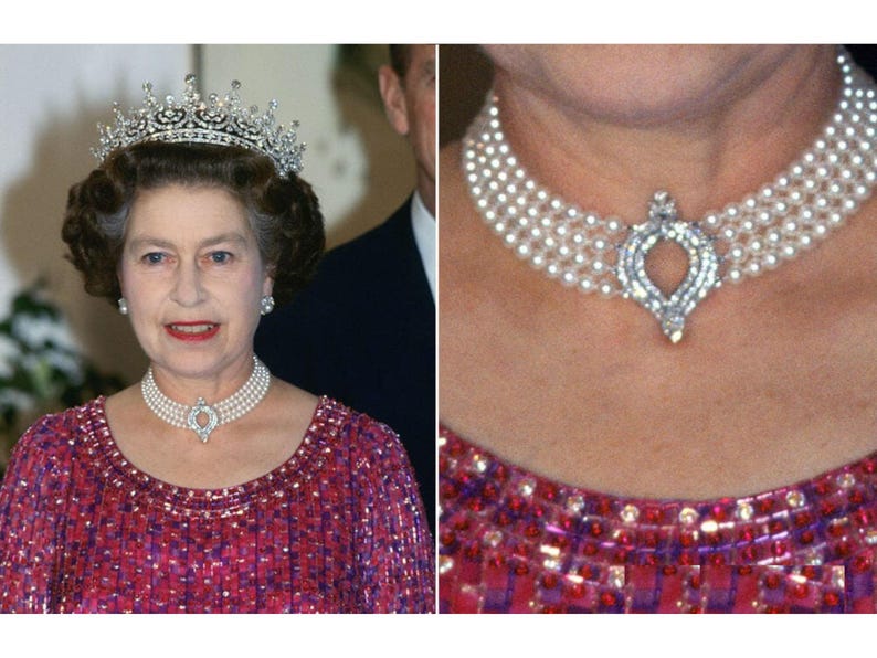 Queen Elizabeth II Pearl Necklace, 925 Sterling Silver CZ Diamond ...