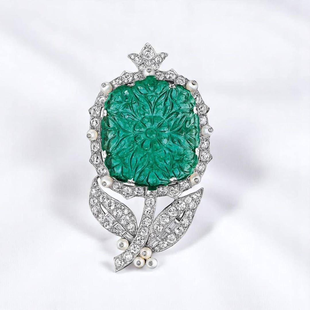 Carved Green Emerald & Diamond Brooch, 925 Sterling Silver Men-women's ...