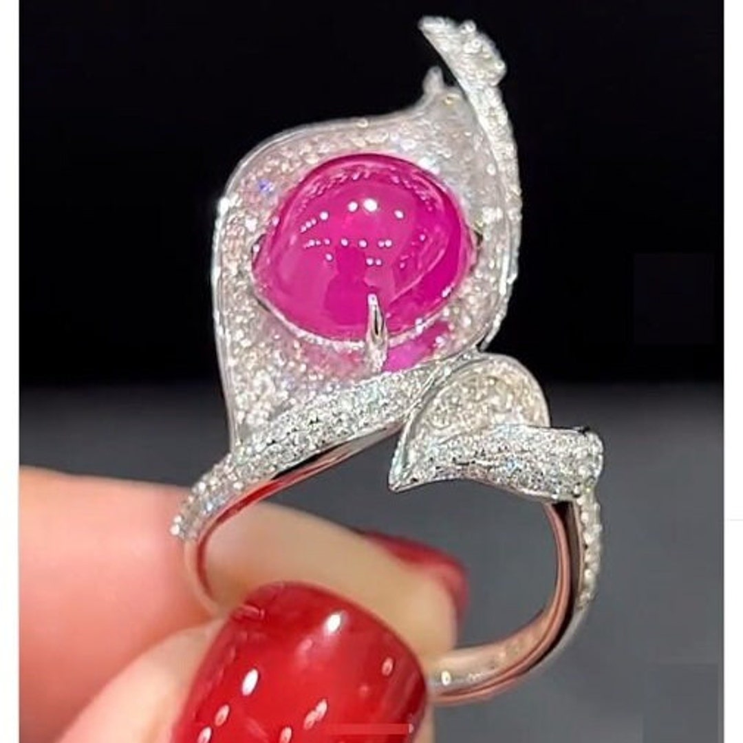Pink Ruby Gemstone Ring White Studded CZ Diamonds Leaf Design 925 ...
