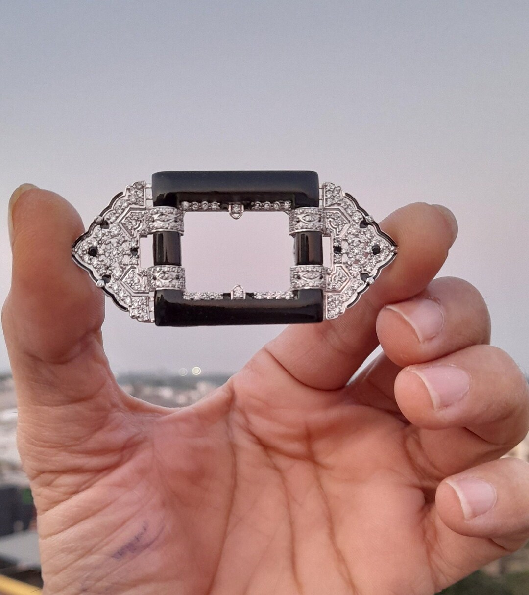 Art Deco Diamond Brooch Lab Created Black Onyx 925 Sterling Silver Buy ...