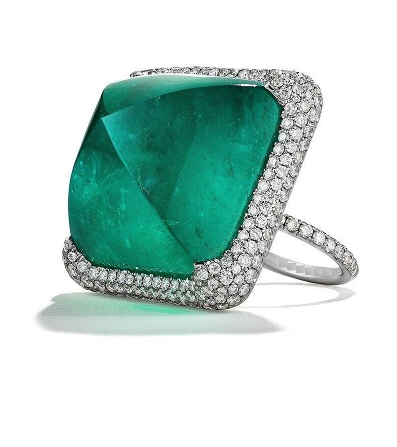 Green Sugar Loaf Lab Emerald Halo CZ Ring, 925 Sterling Silver Luxury Jewelry for Women, Vintage ...