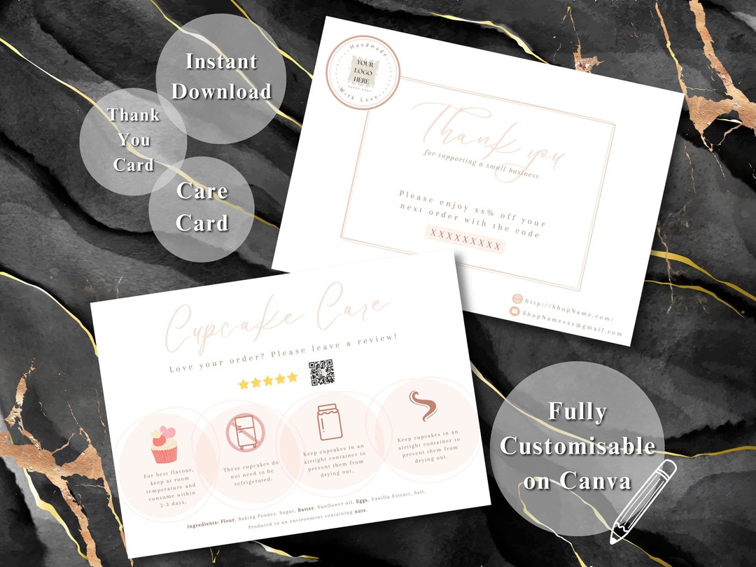 Customisable Cupcake Care Template, Editable Thank You Cards Custom Instruction Card, Logo ...