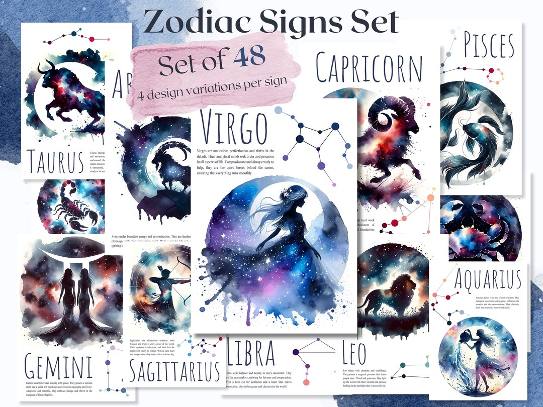 12 Zodiac Signs Bundle, Set of 48, Constellation Astrology Print, Night ...