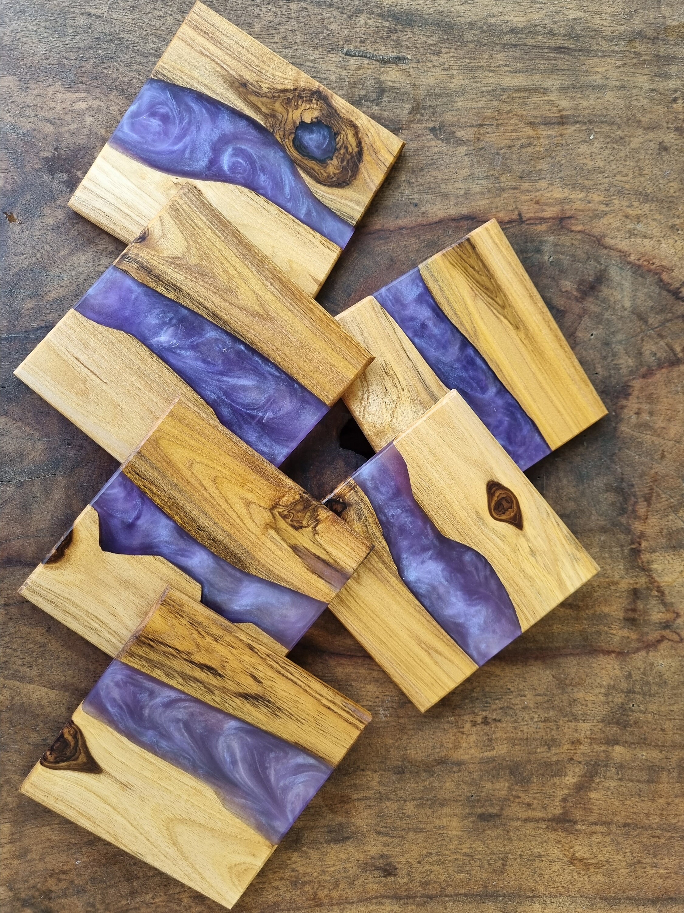 Personalized Teak Wood Coasters, Purple Resin River Epoxy Coaster Set ...