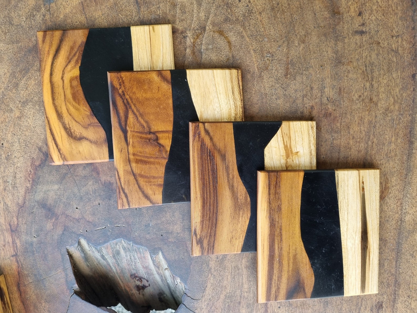 Personalized Teak Wood Coasters, Black Resin River Epoxy Coaster Set ...