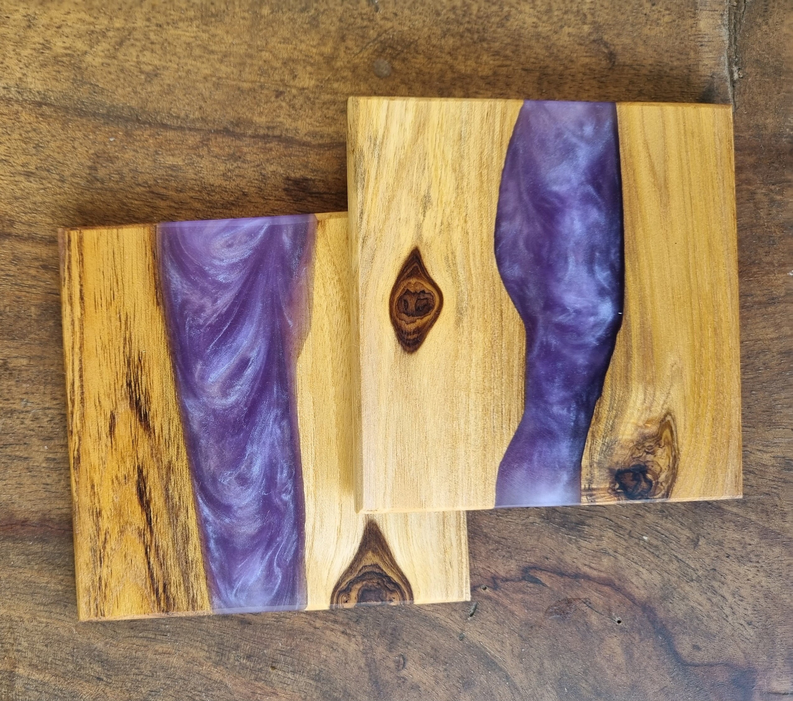 Personalized Teak Wood Coasters, Purple Resin River Epoxy Coaster Set ...