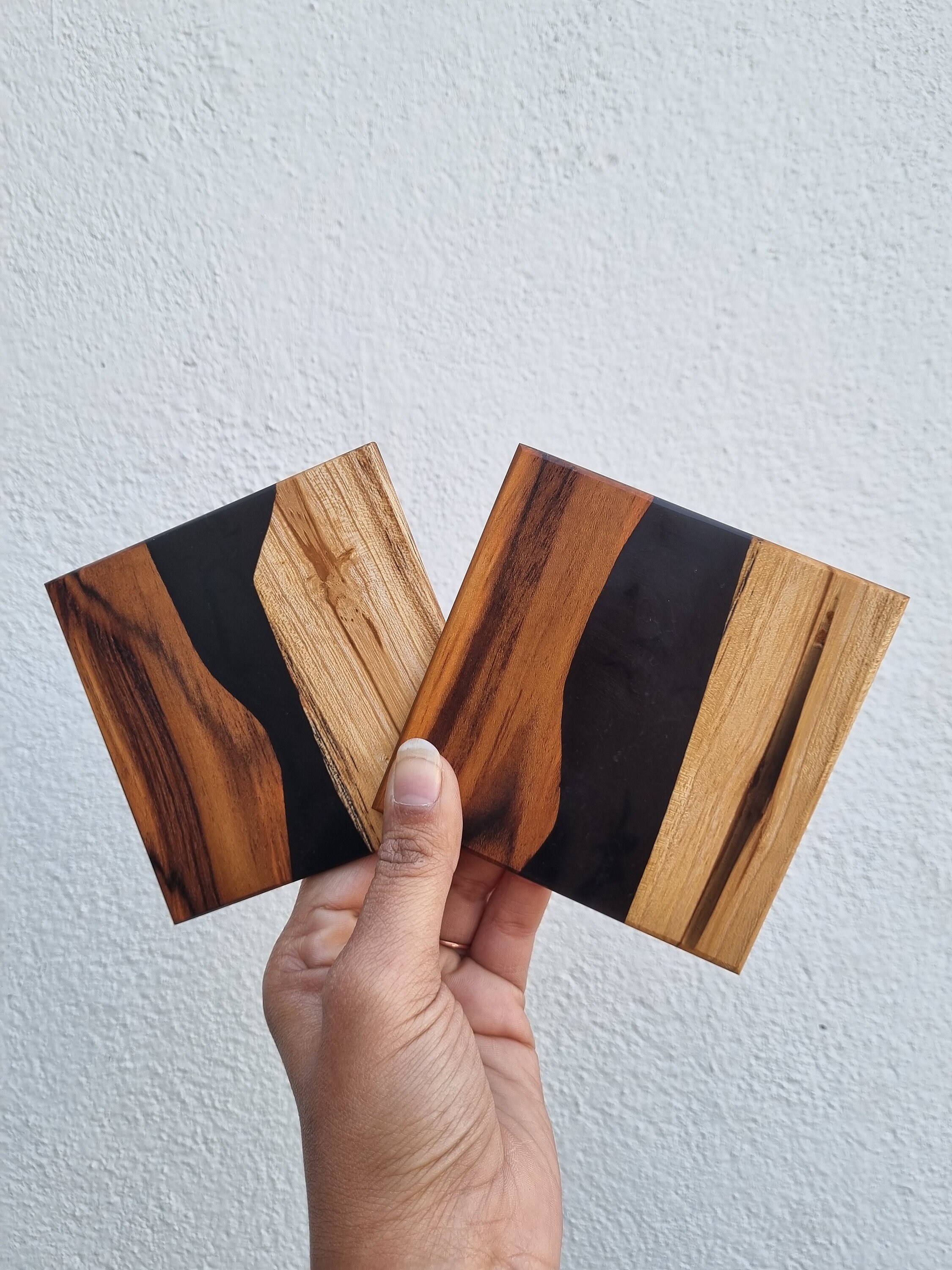 Personalized Teak Wood Coasters, Black Resin River Epoxy Coaster Set ...