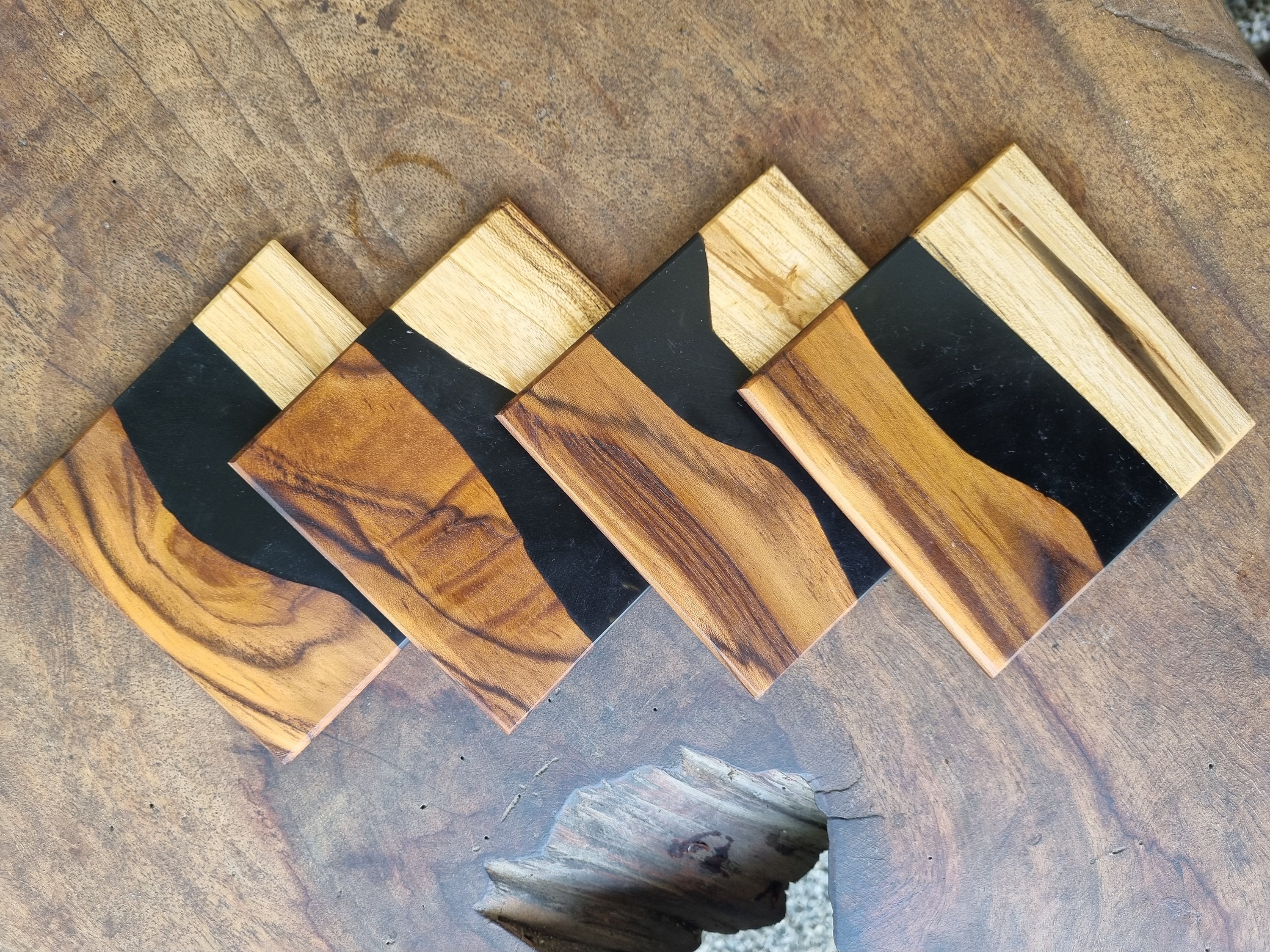 Personalized Teak Wood Coasters, Black Resin River Epoxy Coaster Set ...