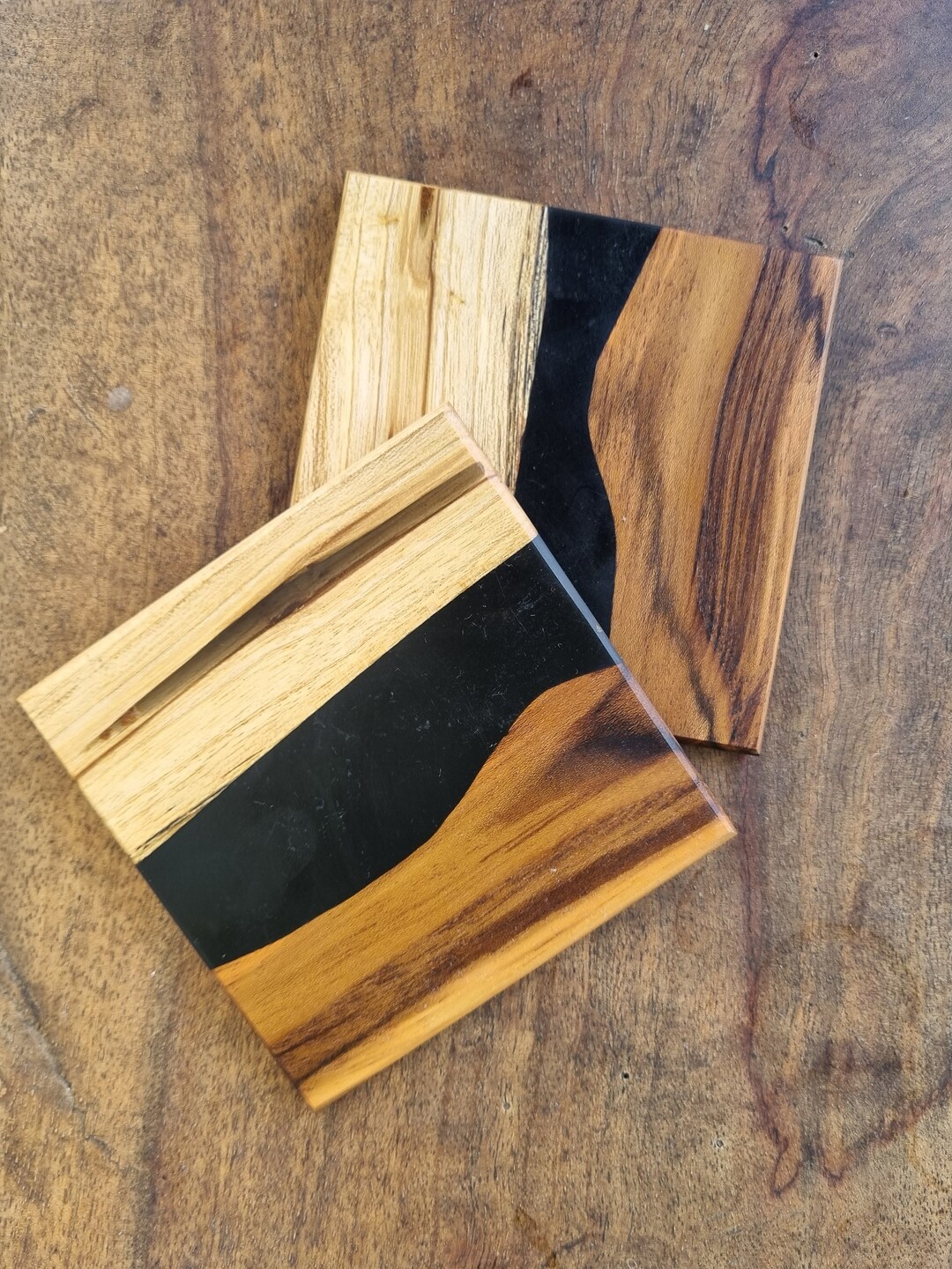 Personalized Teak Wood Coasters, Black Resin River Epoxy Coaster Set ...