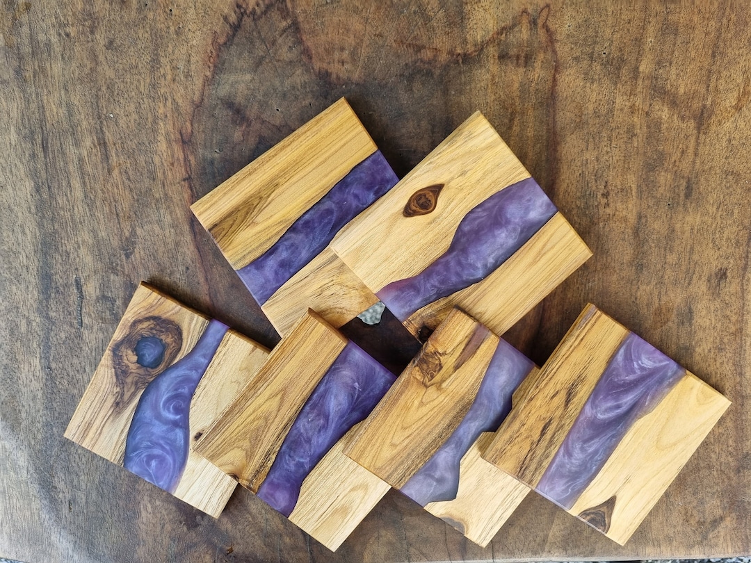 Personalized Teak Wood Coasters, Purple Resin River Epoxy Coaster Set ...