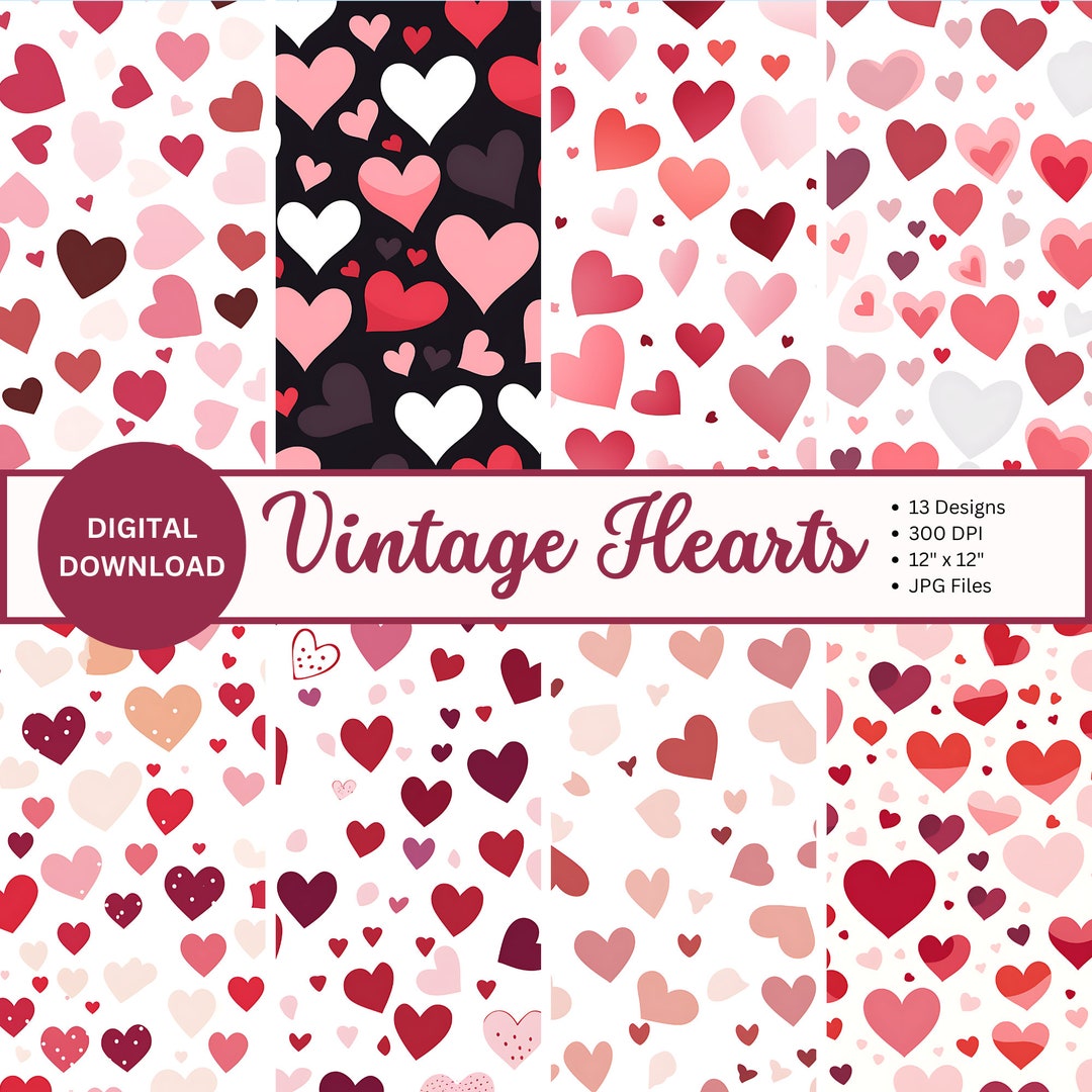 Vintage Valentine Hearts Digital Paper, Seamless Vintage Valentines ...