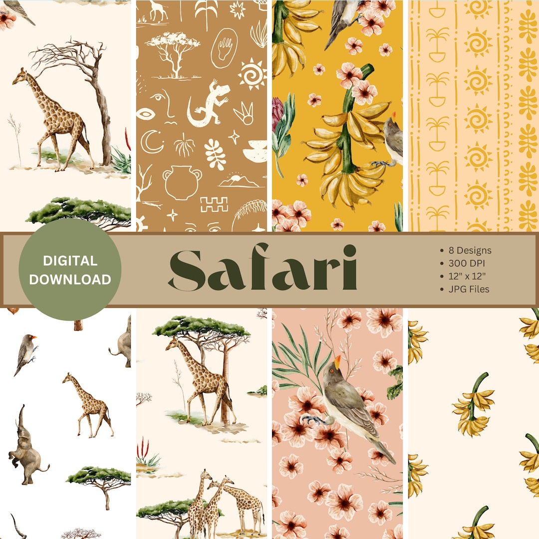 Safari Digital Paper, Seamless Safari Animals Jungle Plants Tropical ...