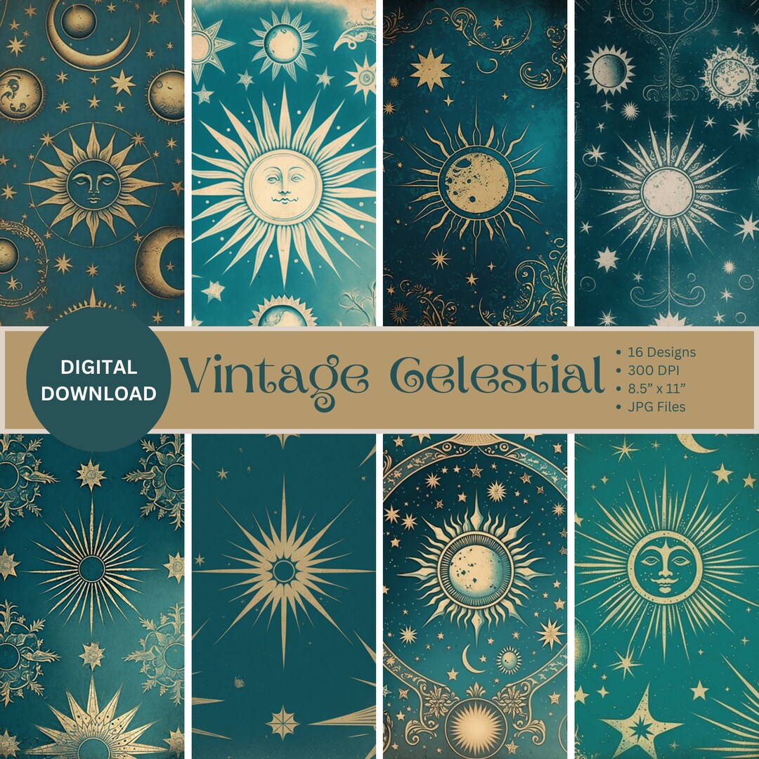 Vintage Green Celestial, Digital Seamless Vintage Celestial Printable ...