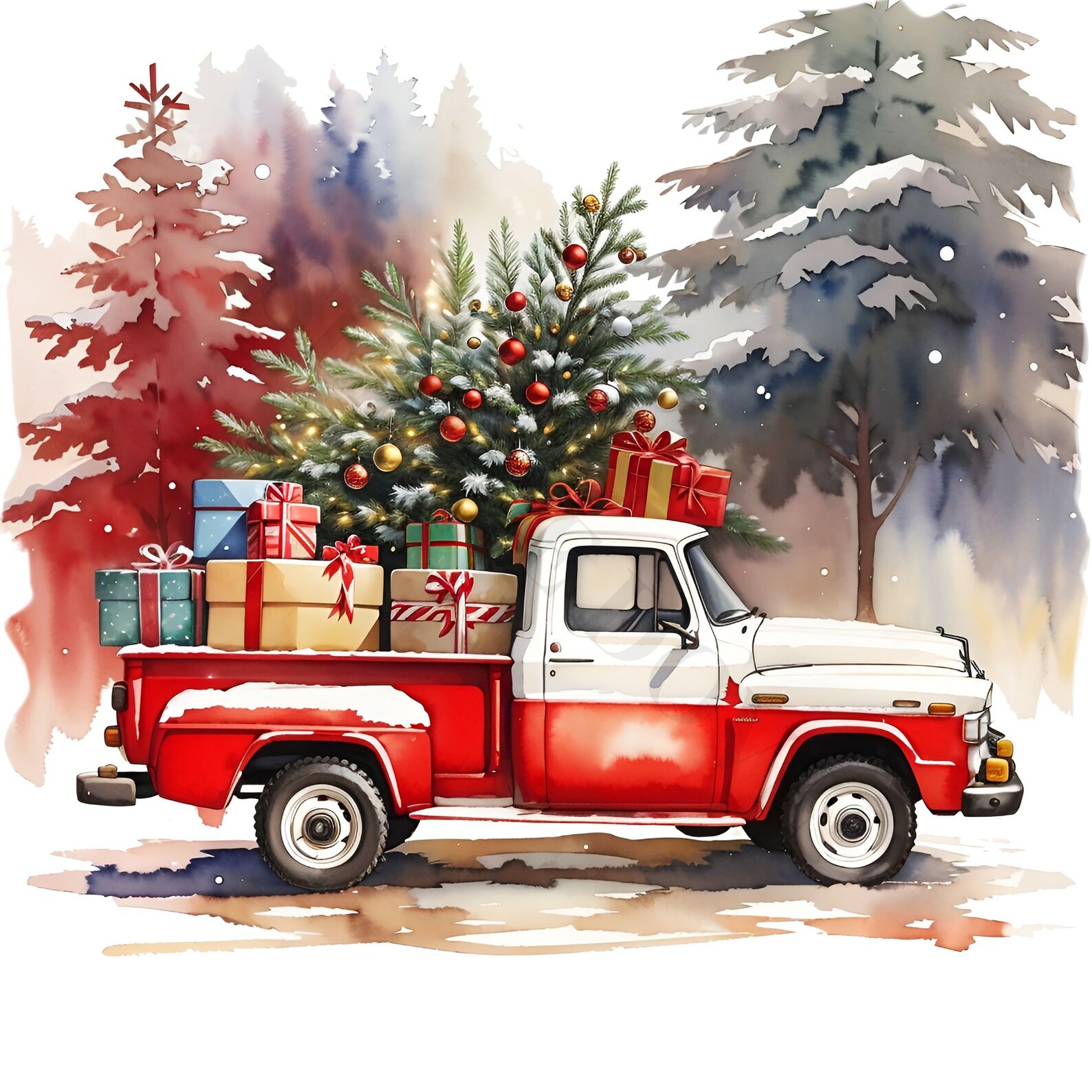 Red Christmas Truck Clipart - High Quality 12 Pngs, Watercolor Clipart ...