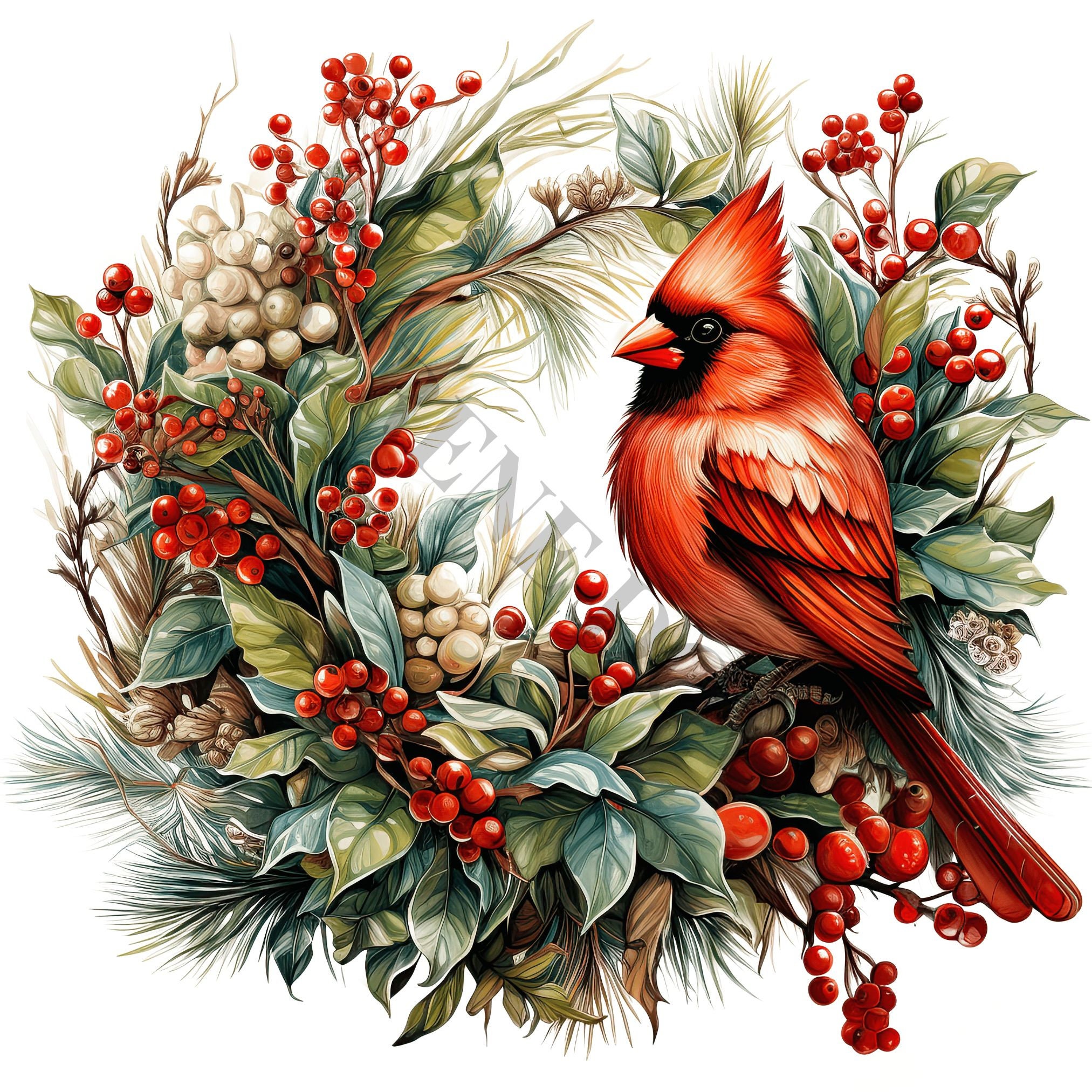 Christmas Red Cardinal Wreath Clipart 12 High Quality Pngs - Etsy