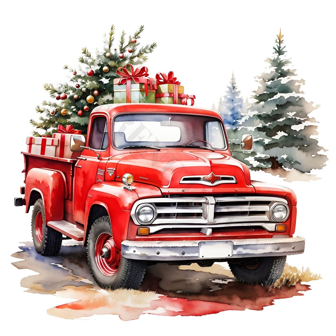 Red Christmas Truck Clipart High Quality 12 Pngs Watercolor - Etsy Canada
