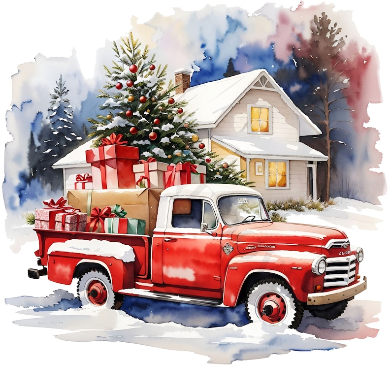 Red Christmas Truck Clipart High Quality 12 Pngs Watercolor - Etsy Canada
