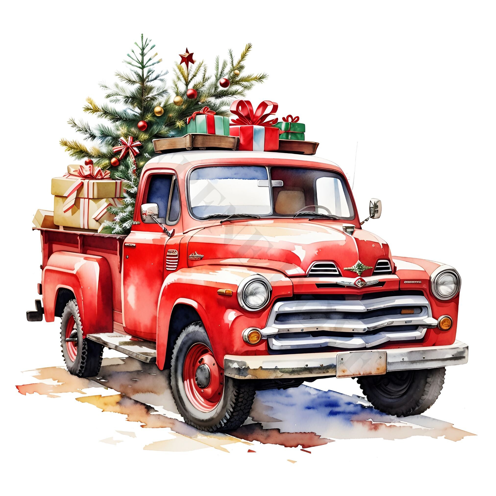 Red Christmas Truck Clipart - High Quality 12 Pngs, Watercolor Clipart ...