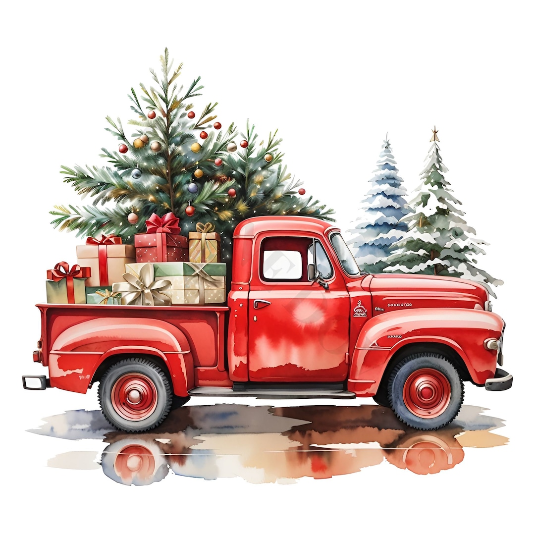 Red Christmas Truck Clipart - High Quality 12 Pngs, Watercolor Clipart ...
