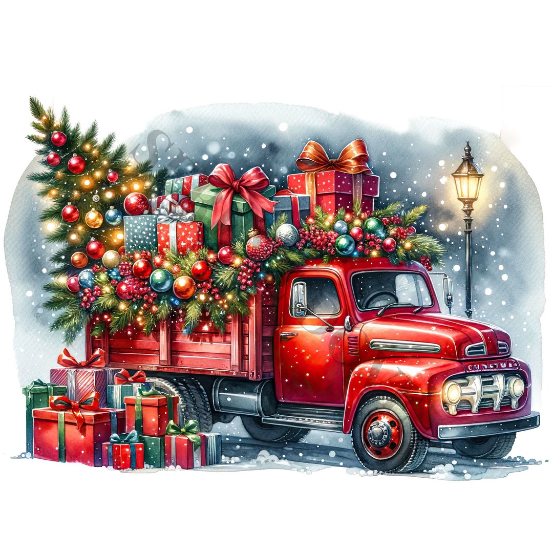 Red Christmas Truck Clipart - High Quality 12 Pngs, Watercolor Clipart ...