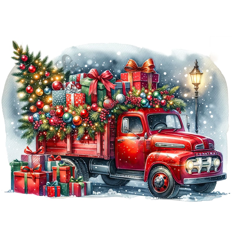 Red Christmas Truck Clipart High Quality 12 Pngs Watercolor - Etsy Canada