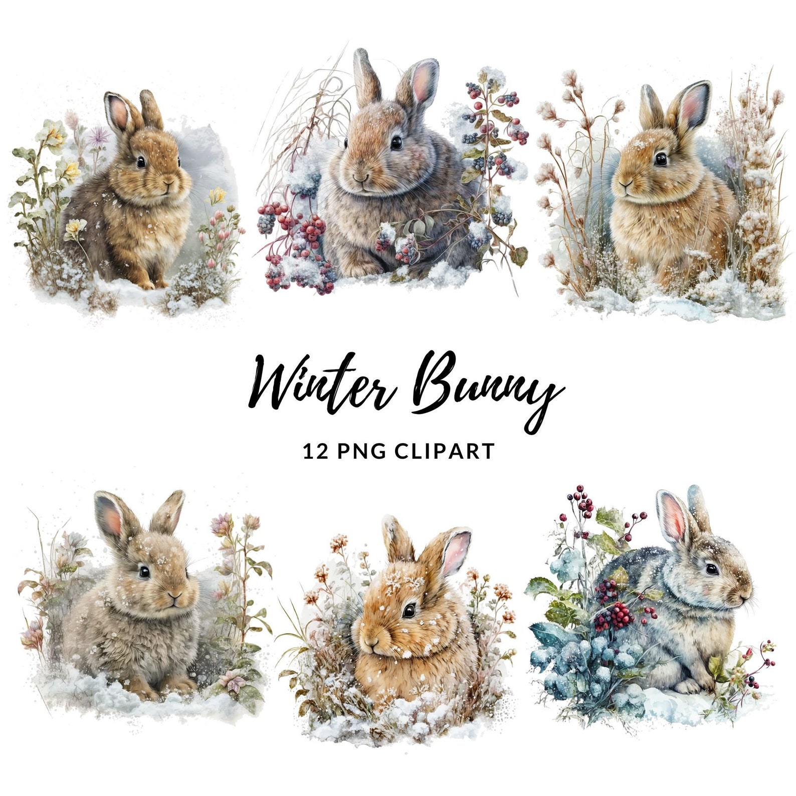 Winter Bunny Clipart 12 High Quality Pngs, Digital Paper Crafting ...