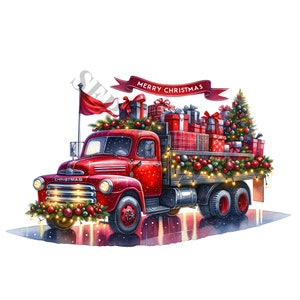 Red Christmas Truck Clipart - High Quality 12 Pngs, Watercolor Clipart ...