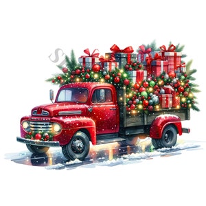 Red Christmas Truck Clipart - High Quality 12 Pngs, Watercolor Clipart ...
