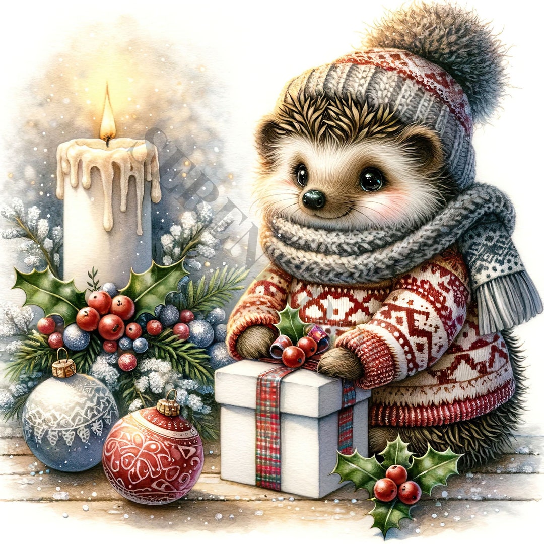 Watercolor Christmas Hedgehog Clipart - 15 High Quality Jpgs, Digital ...