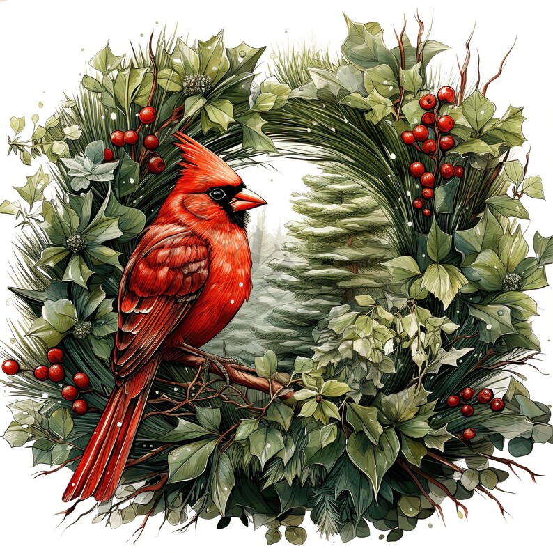 Christmas Red Cardinal Wreath Clipart 12 High Quality Pngs - Etsy
