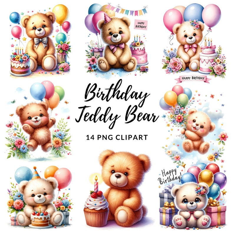 Birthday Teddy Bear Clipart 14 High Quality Pngs Memory - Etsy