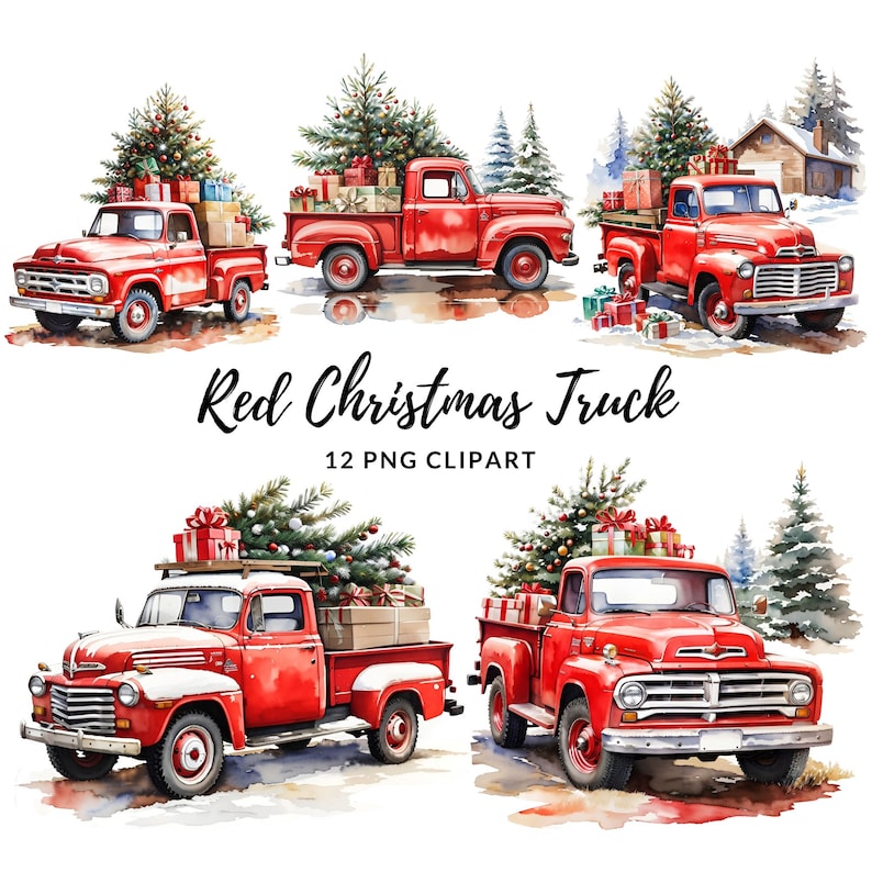 Red Christmas Truck Clipart High Quality 12 Pngs Watercolor - Etsy Canada