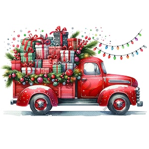 Red Christmas Truck Clipart - High Quality 12 Pngs, Watercolor Clipart ...