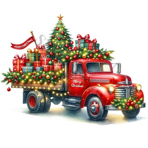 Red Christmas Truck Clipart - High Quality 12 Pngs, Watercolor Clipart ...