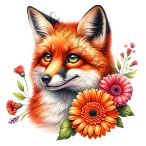 Fox and Flowers Clipart - 17 High Quality Pngs, Digital Download, Card ...