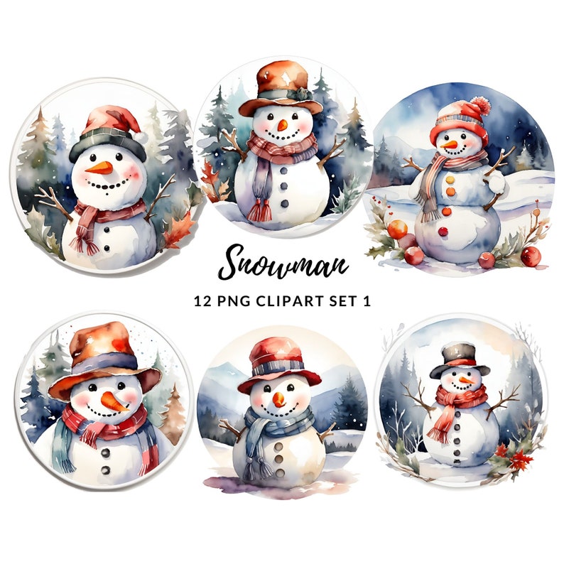 Watercolor Snowman Clipart – Winter Frames PNG Set (digital Download ...
