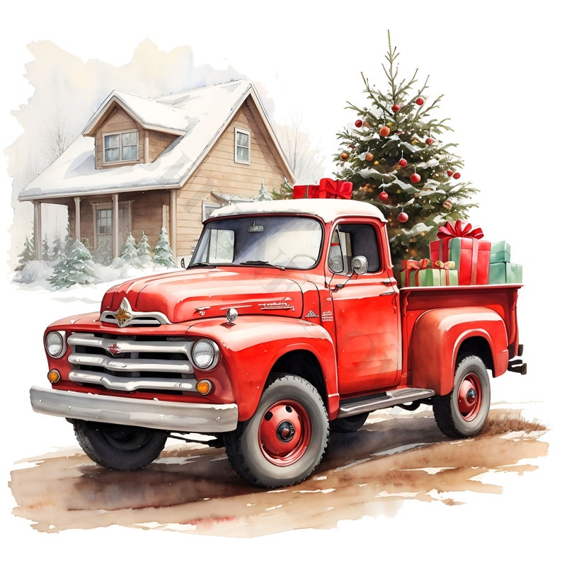 Red Christmas Truck Clipart High Quality 12 Pngs Watercolor - Etsy Canada