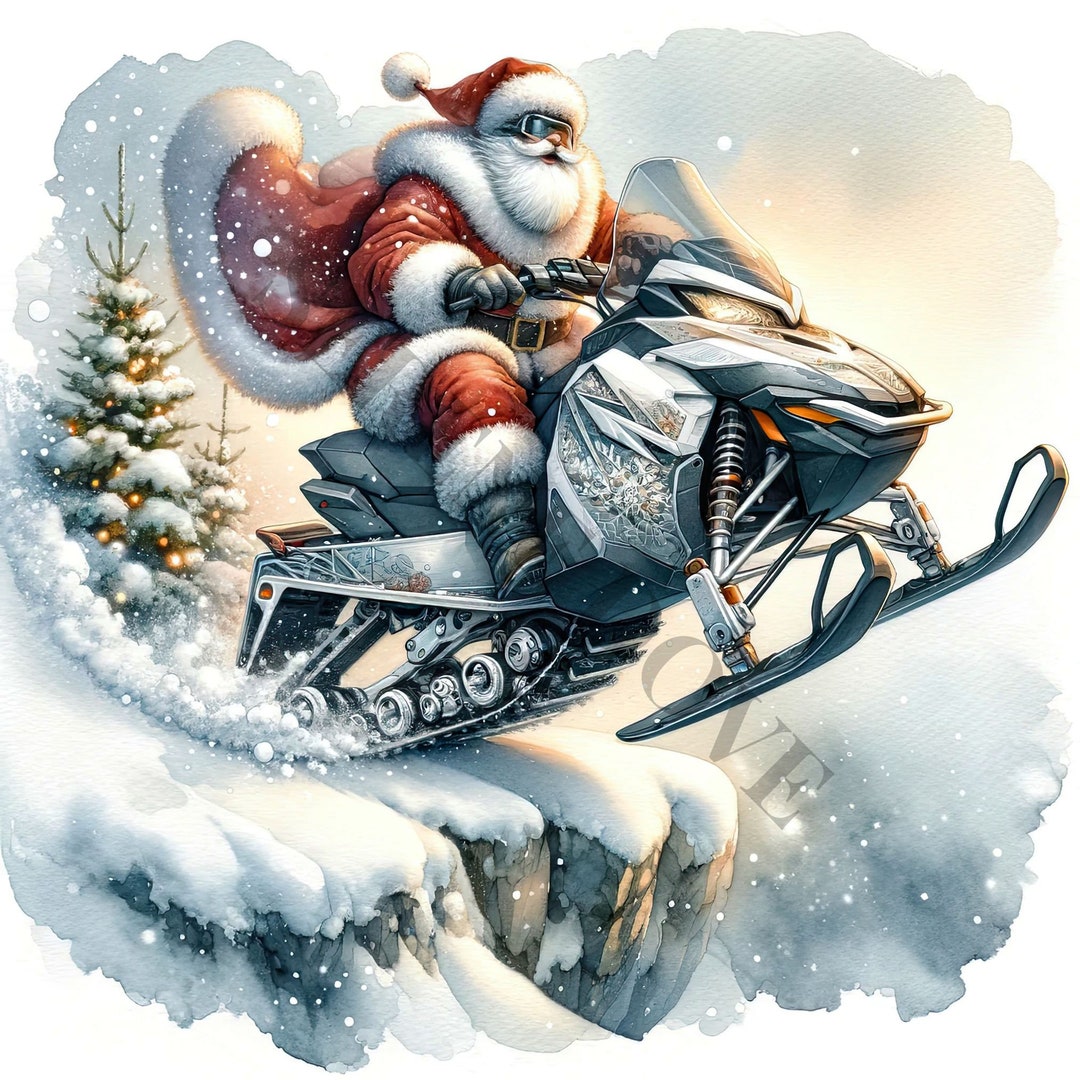 Watercolor Santas Snowmobile Clipart - 12 High Quality Jpgs, Digital ...