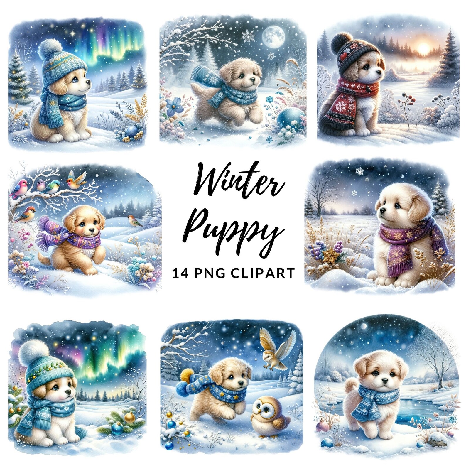 Winter Puppy Clipart - 14 High Quality Pngs, Digital Download, Card ...