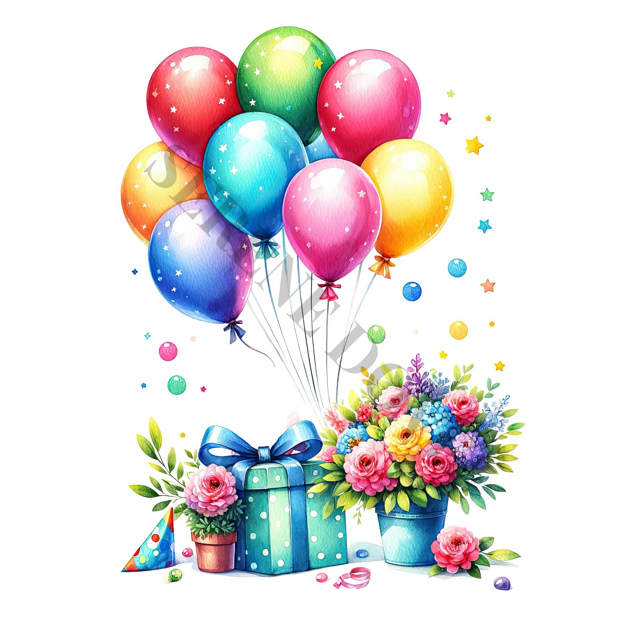 Birthday Balloons and Flowers Clipart - 17 High Quality Pngs, Memory Book, Junk Journals ...